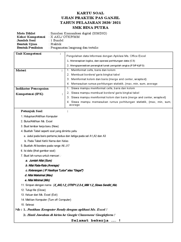 Ujian Praktik SIMDIG Excel SMK | PDF