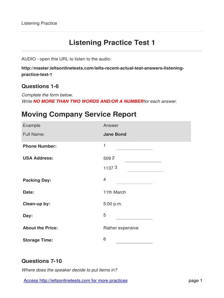 Listening Practice Test 1: Questions 1-6 | PDF | Wood | Tile