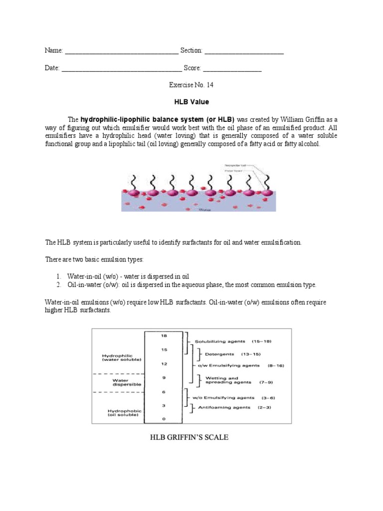 Worksheet No. 14 - HLB Value-1 | PDF | Emulsion | Soft Matter