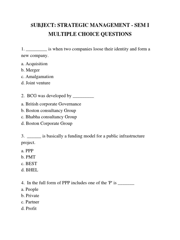 Strategic Management MCQs Overview | PDF | Strategic Management | Swot ...