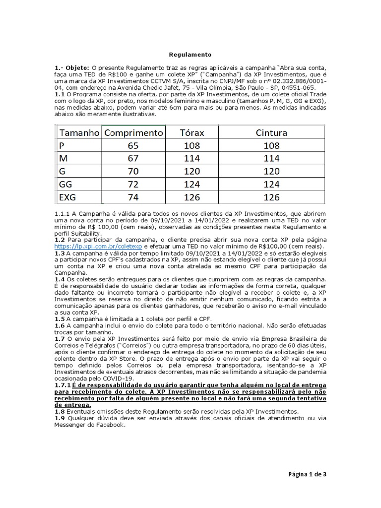 Regulamento Colete XP Jan22 | PDF | Publicidade | Investimentos