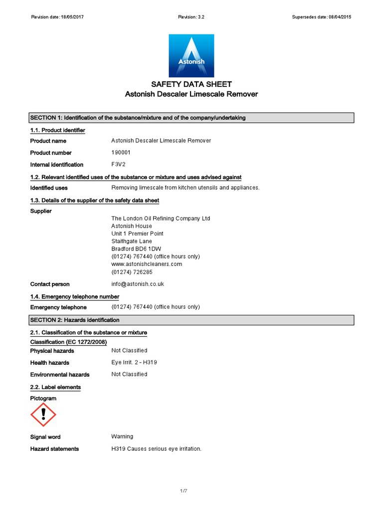 SDS Descaler All Purpose | Download Free PDF | Toxicity | Chemistry