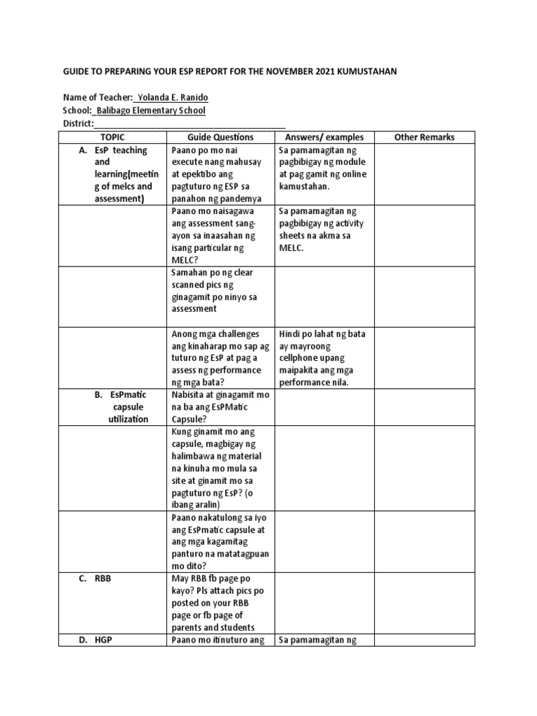 Guide To Preparing Your Esp Report For The November 2021 Kumustahan | PDF
