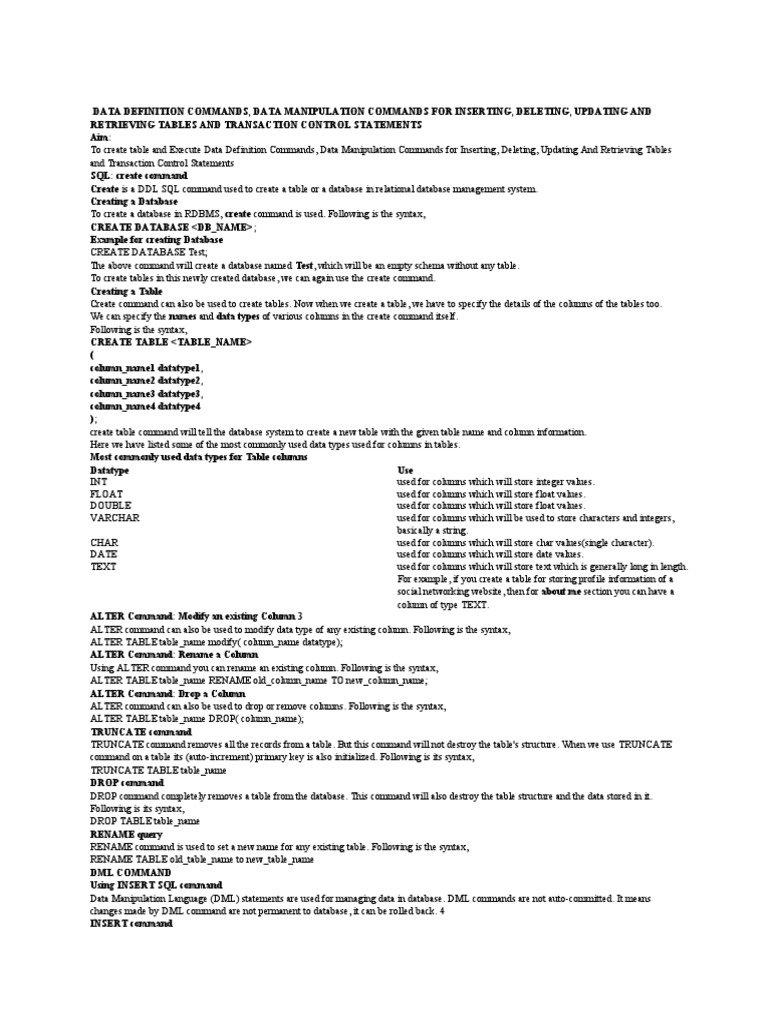 DBMS Lab Manual | PDF | Table (Database) | Information Retrieval DBMS Lab Manual | PDF | Table (Database) | Information Retrieval