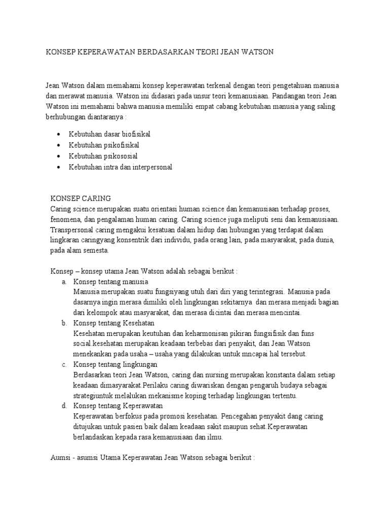 Konsep Keperawatan Berdasarkan Teori Jean Watson | PDF