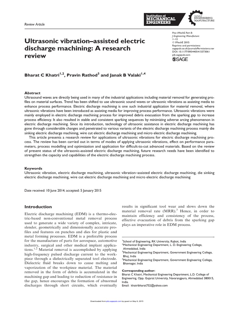 Ultrasonic Vibration-Assisted Electric Discharge Machining: A Research ...