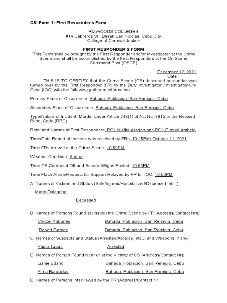 CSI Form 1 | PDF | Crime Scene | Forensic Science