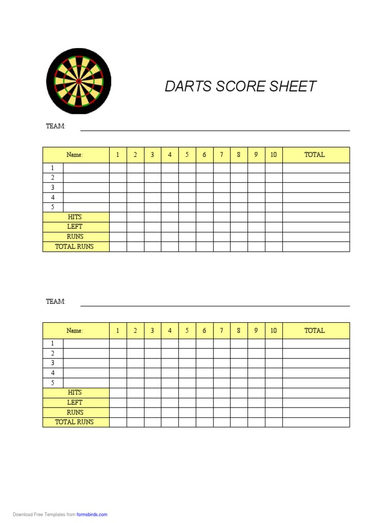 Darts Score Sheet Template | PDF