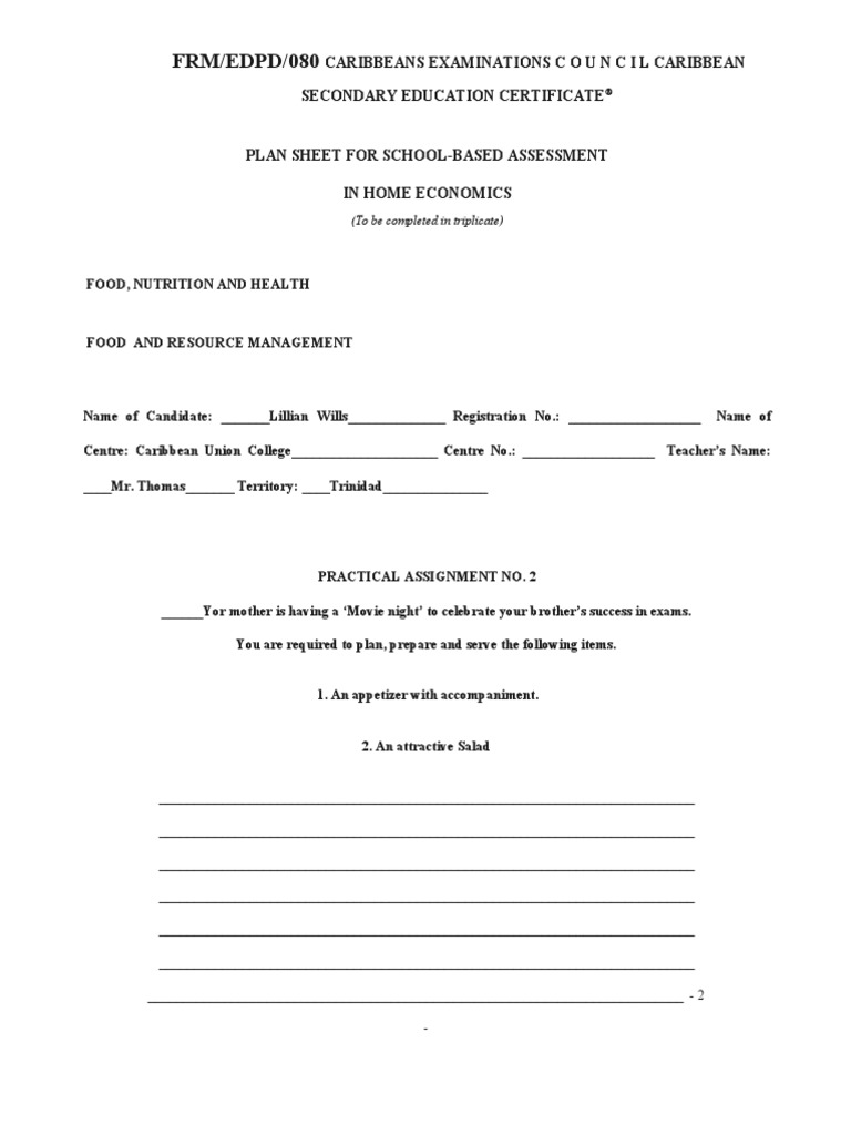 Lillianwills Csec Foodnuthealth Plansheet 2 | PDF | Salad | Foods