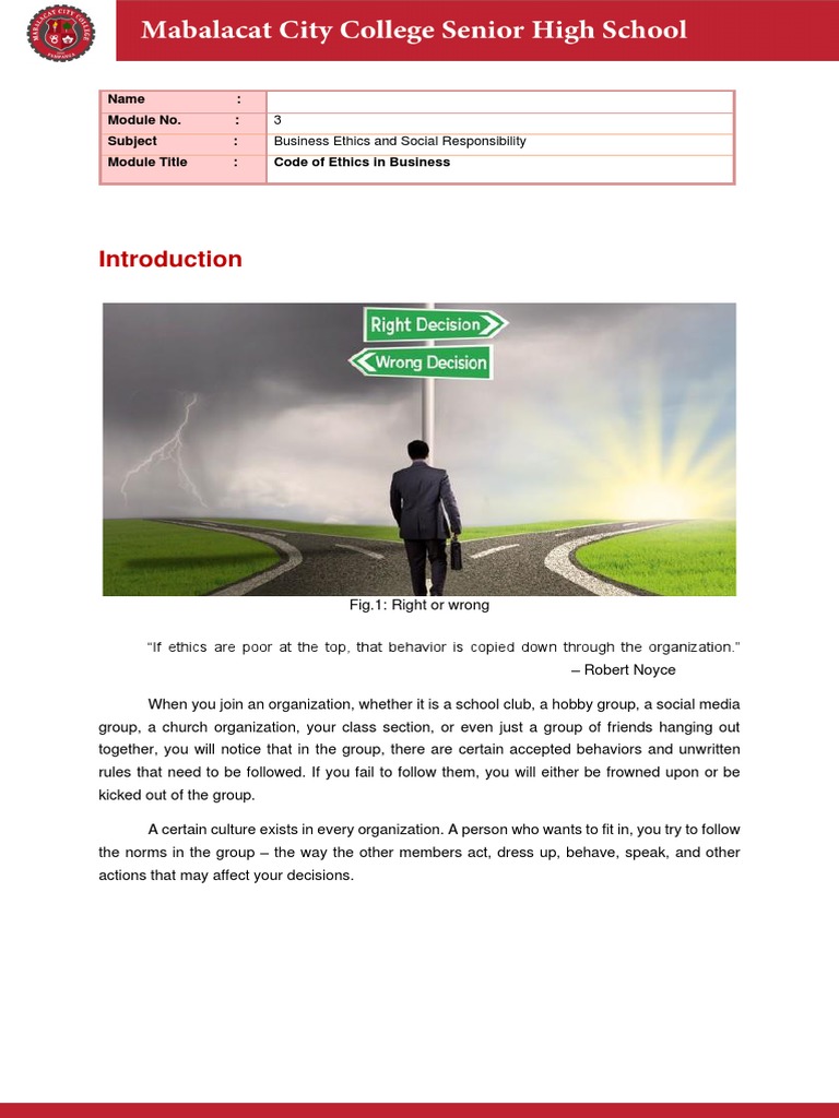 Business Ethics - Module 3 - Code of Ethics in Business | PDF | Morality | Business Ethics