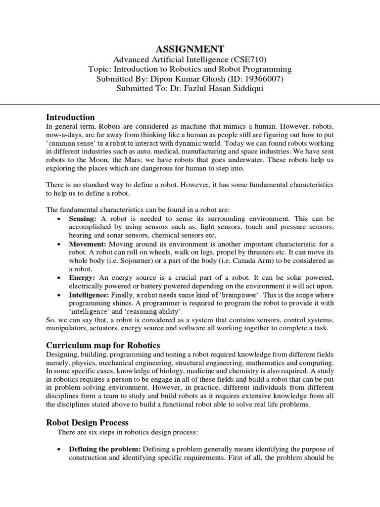 Introduction To Robotics and Robot Programming (Assignment) | PDF ...