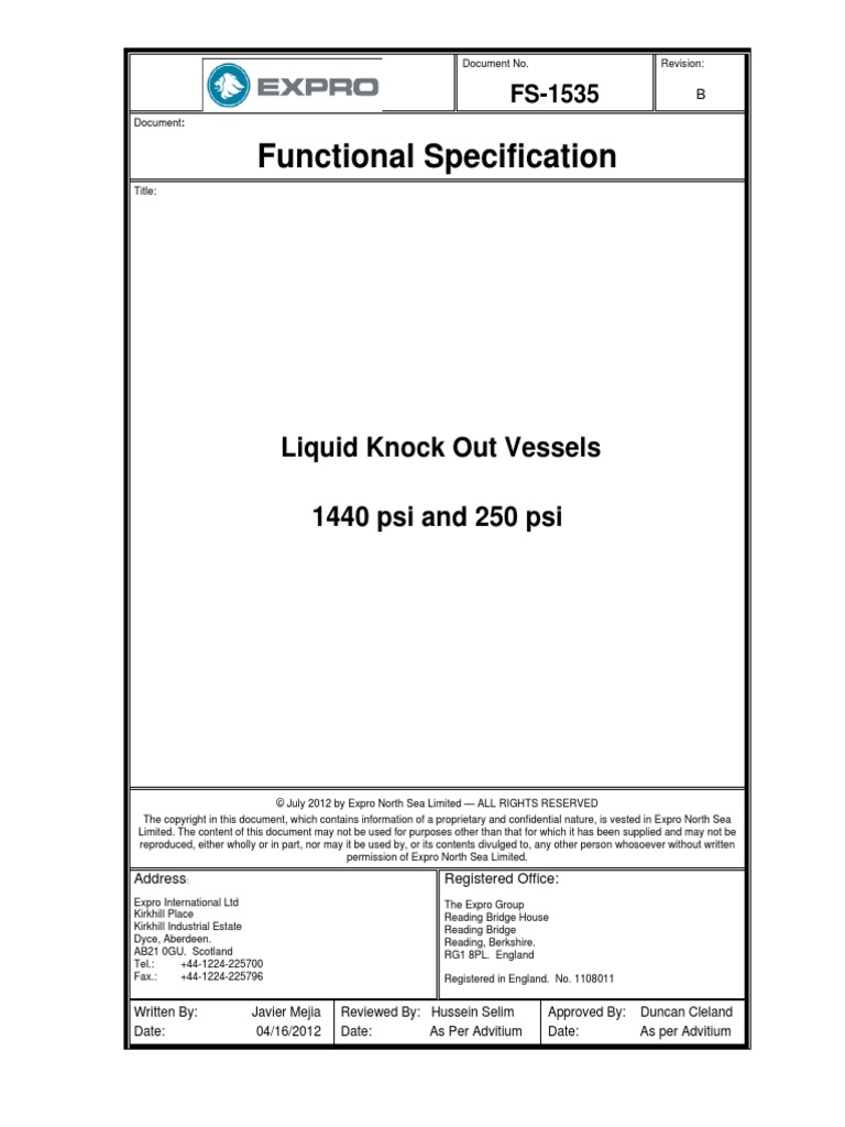 Functional Specification: Liquid Knock Out Vessels 1440 Psi and 250 Psi ...