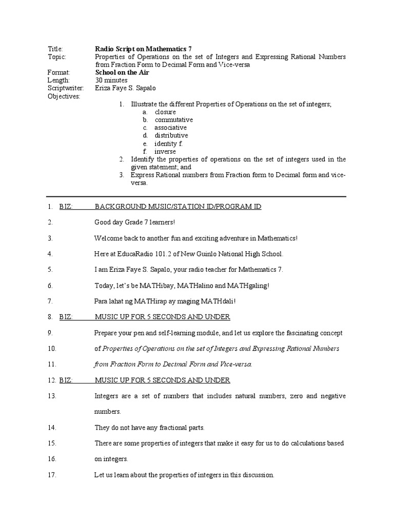 MATH 7 SCRIPT - Properties of Operations On The Set of Integers and ...
