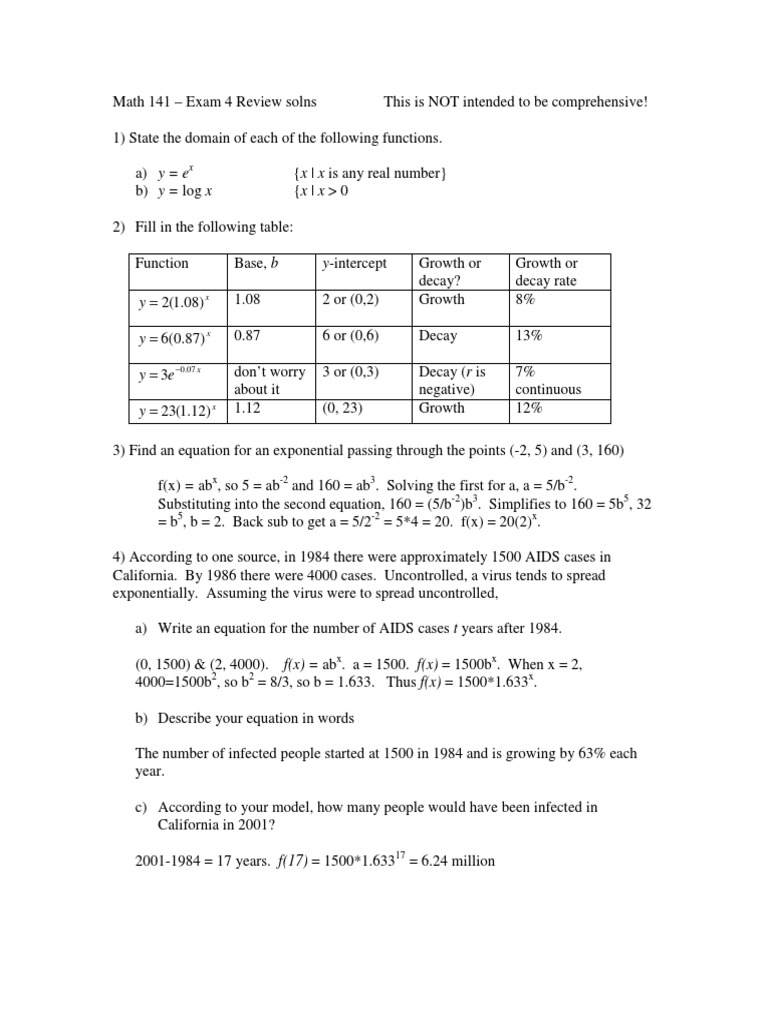 Math 141 E4 Review Solns | PDF | Logarithm | Mathematical Analysis