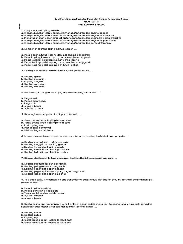 Soal Pemeliharaan Sasis Dan Pemindah Tenaga Kendaraan Ringan | PDF