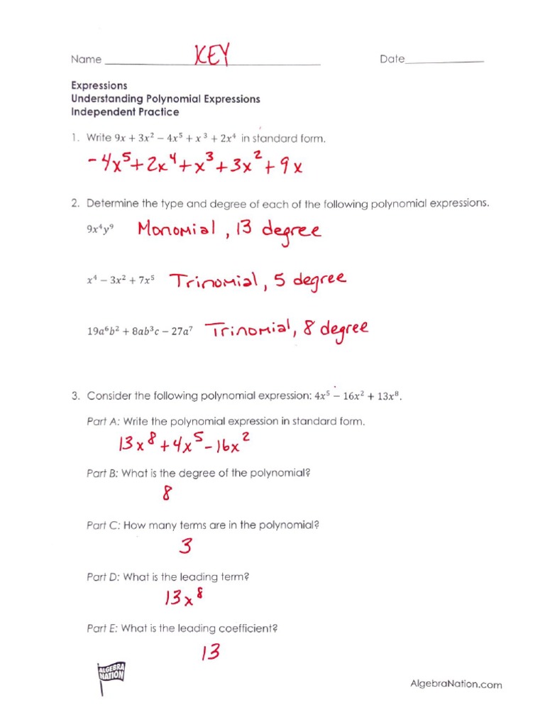 Ip1002 Understanding Polynomial Expressions Answer Key | PDF