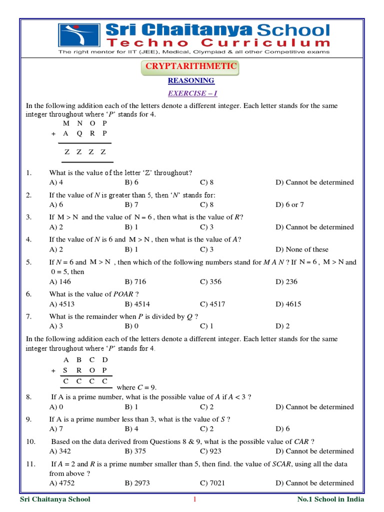 Cryptarithmetic Worksheet | PDF | Integer | Summation