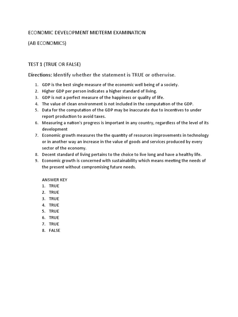 Economic Development Midterm Examination | PDF | Economic Growth ...