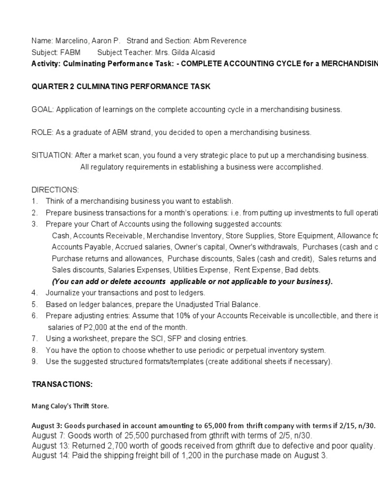 Culminating Performance Task: Accounting Cycle | PDF | Debits And ...
