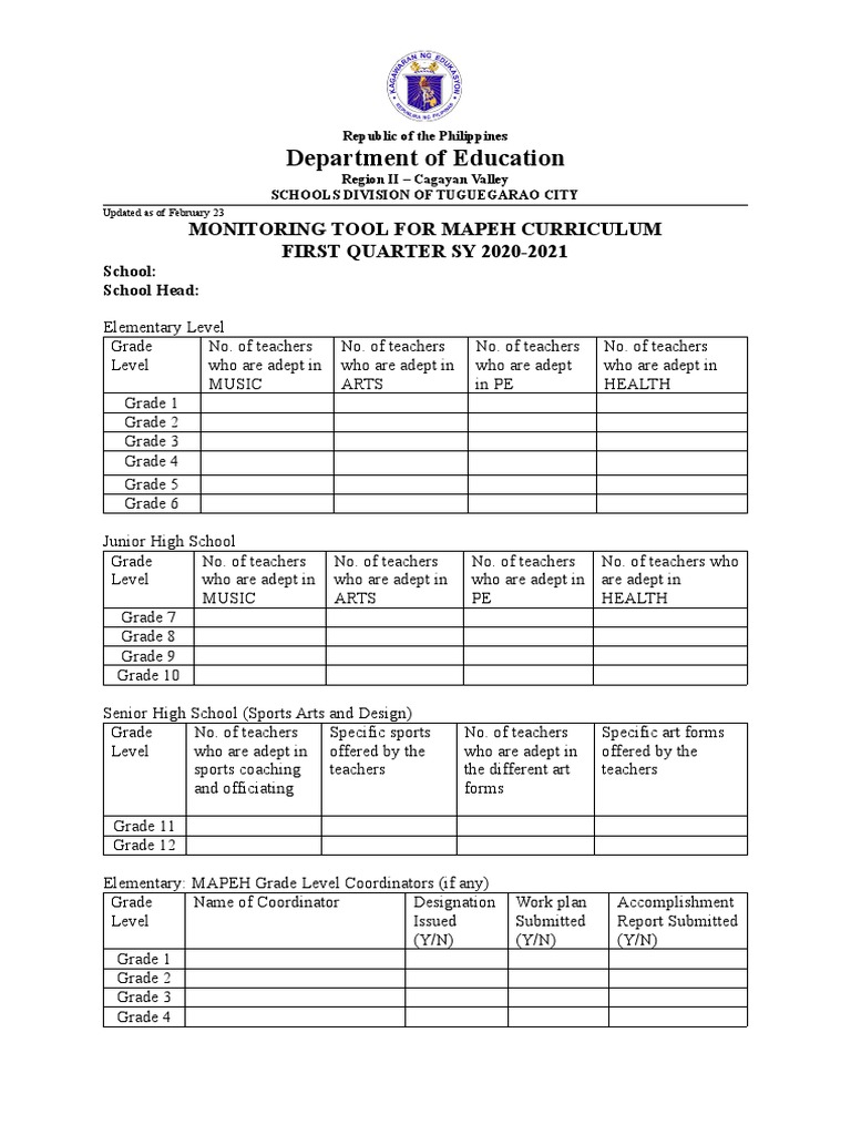 MAPEH Curriculum Monitoring Tool 2020-2021 | PDF | Physical Education ...