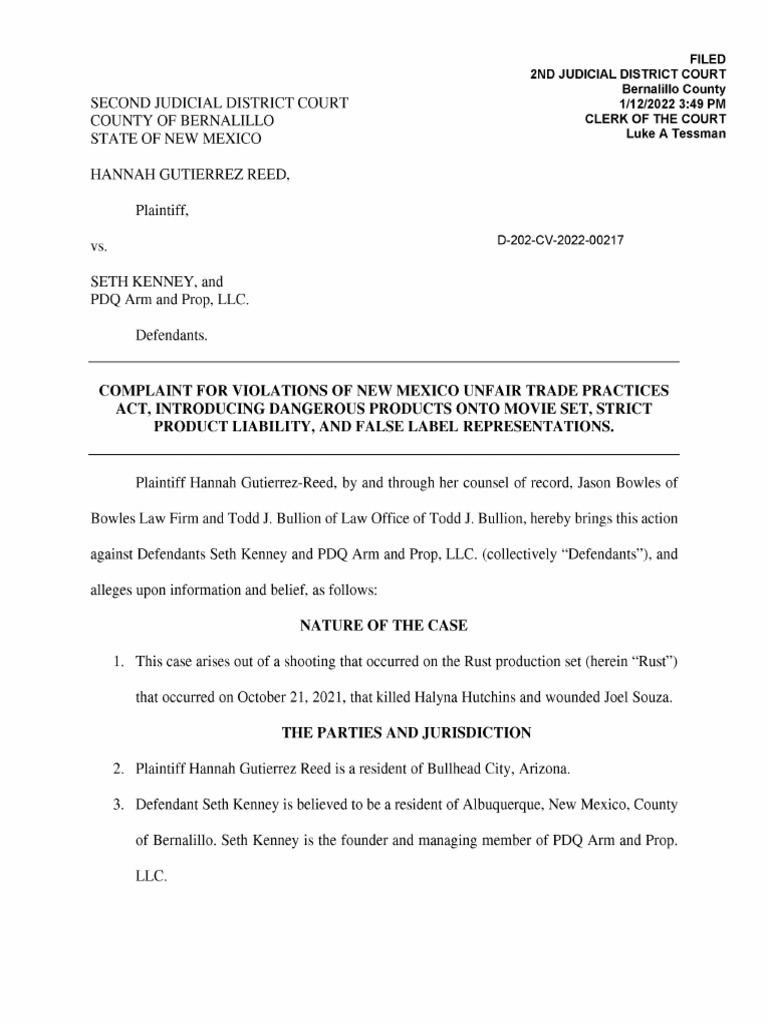 Civil Lawsuit - Hannah Gutierrez Reed v. Seth Kenney and PDQ Arm and ...