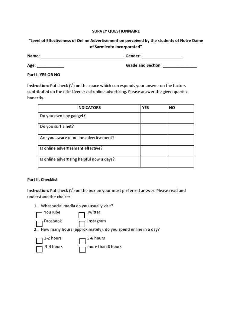 Survey Questionnaire Abm Pdf