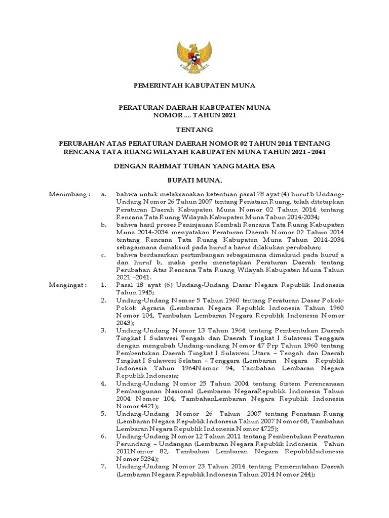 Batang Tubuh Revisi Perda RTRW Muna 2021 - 2041 | PDF