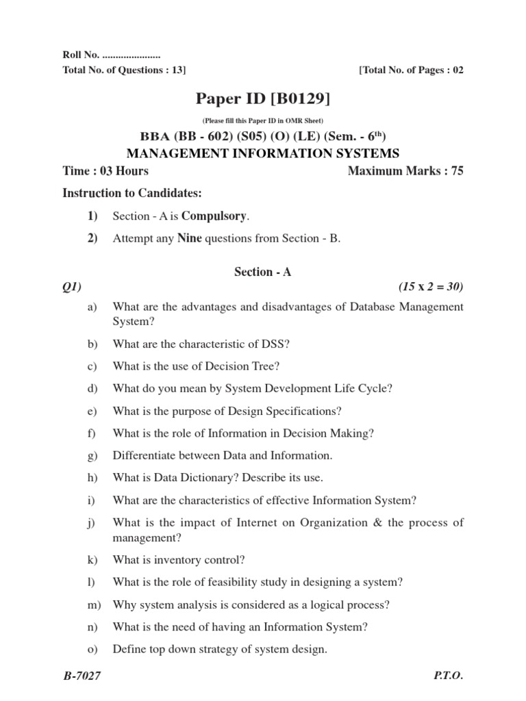 BBA MIS Exam Paper | PDF | Information System | Systems Engineering