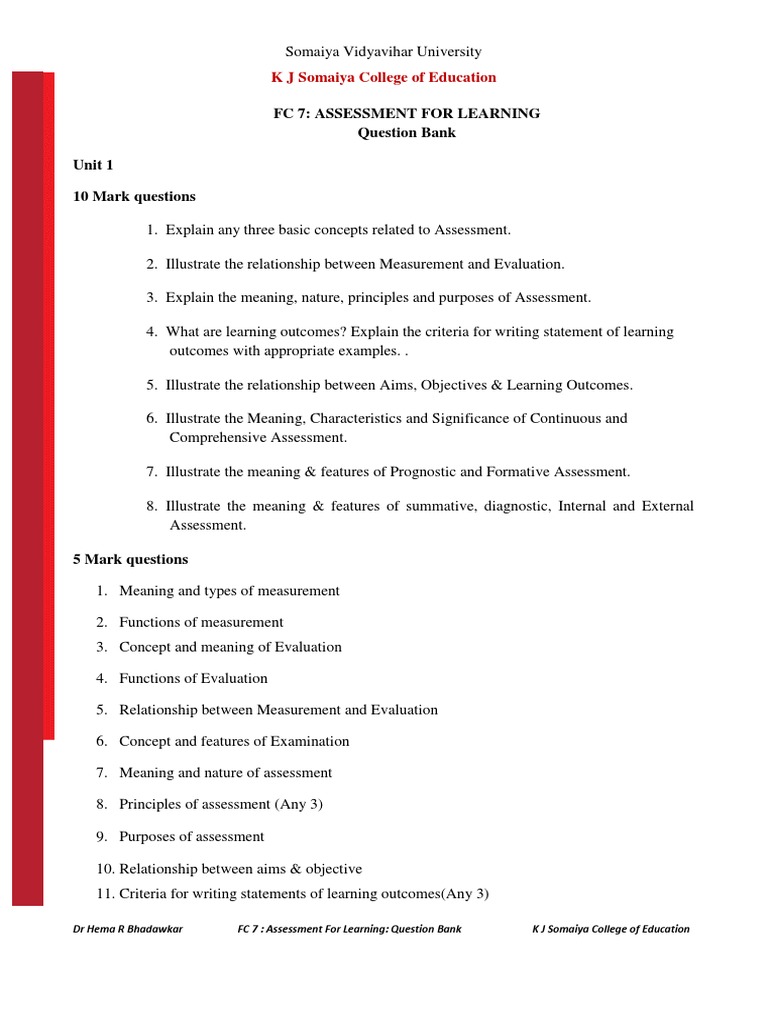 FC 7: Assessment For Learning Question Bank Unit 1 10 Mark Questions ...