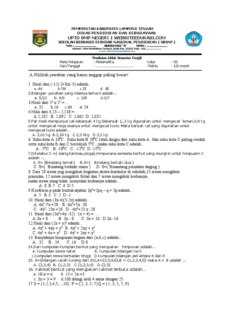 Soal Pas MTK Kls 7 | PDF