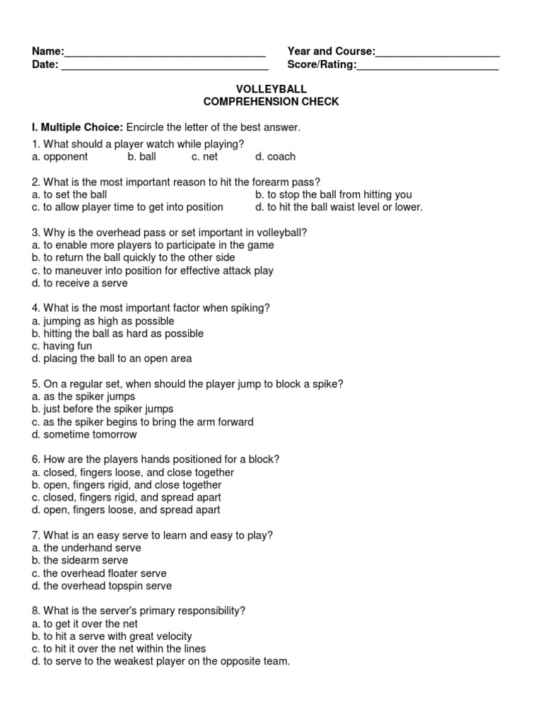Volleyball Comprehension Check Quiz | PDF | Volleyball | Hobbies
