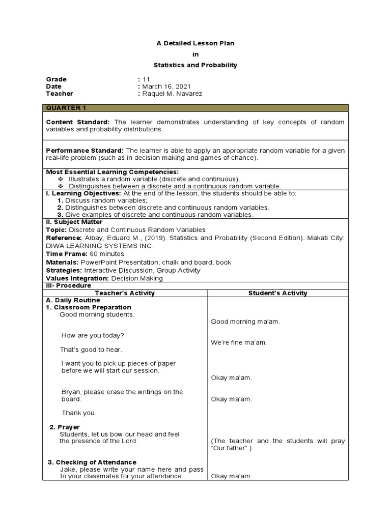 A Detailed Lesson Plan | PDF | Probability Distribution | Random Variable