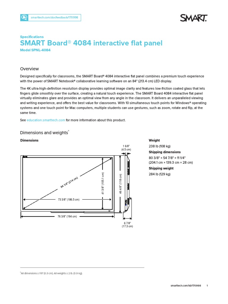 SMART Board® 4084 Interactive Flat Panel: Specifications | PDF | Hdmi | Usb