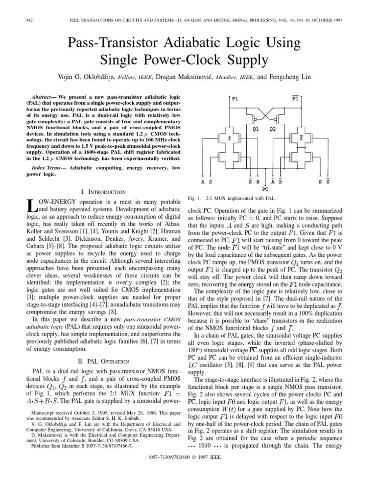 Pass-Transistor Adiabatic Logic Using Single Power-Clock Supply | PDF | Logic Gate | Cmos