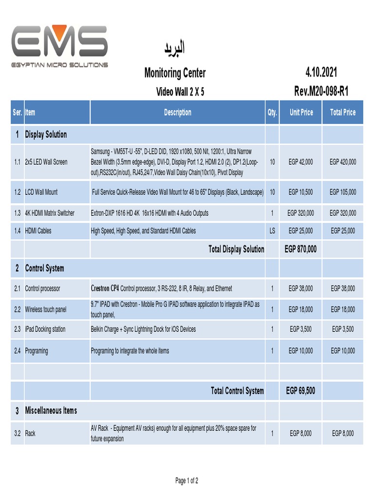 NOC Video Walls Solutions - 4!10!2021 Rالبريد1 | PDF | Hdmi | I Pad