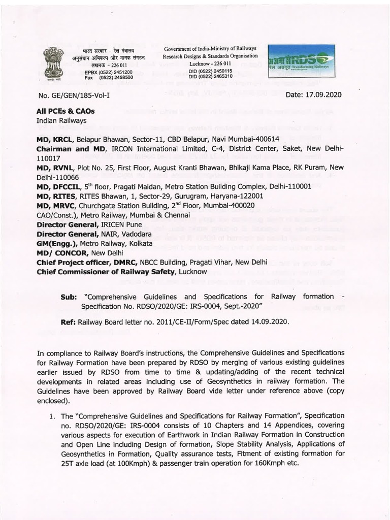 RDSO GE Letter To ZRs On Comprehensive Guidelines | PDF