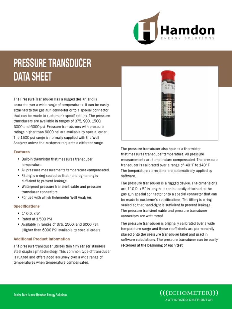 Pressure Transducer Data Sheet: Features | PDF | Pressure | Solution