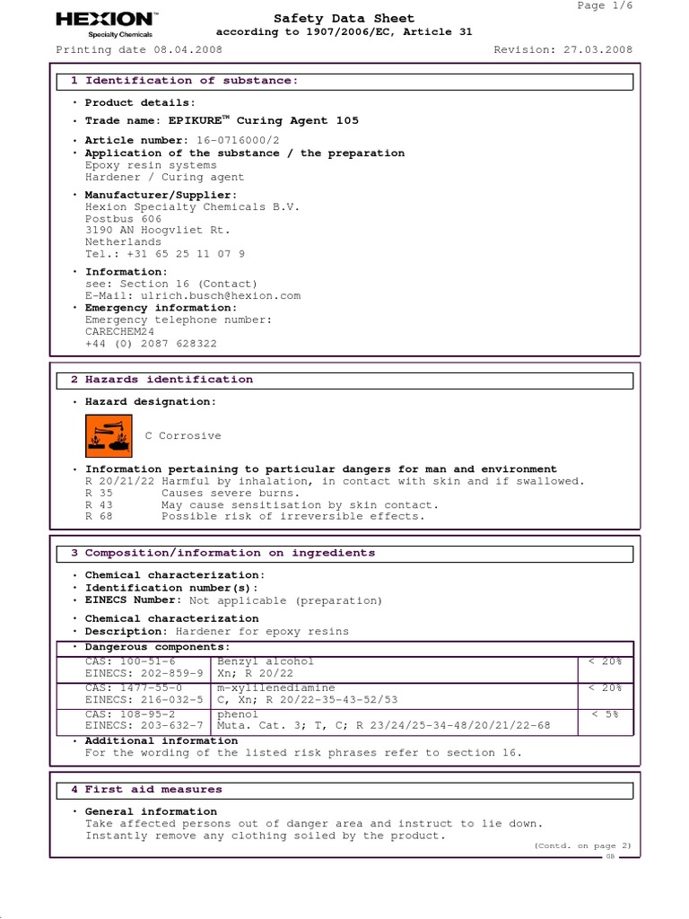Epikure Curing Agent 105: 1 Identification of Substance | PDF ...
