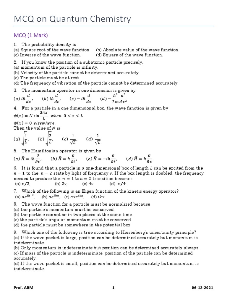 Quantum Chemistry MCQs | PDF | Molecules | Electron
