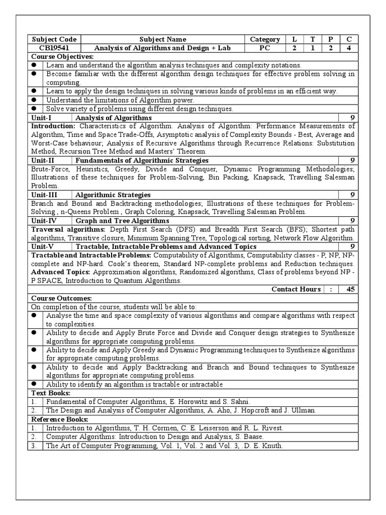 CB19541 AAD Syllabus | PDF | Computational Complexity Theory | Computer Science