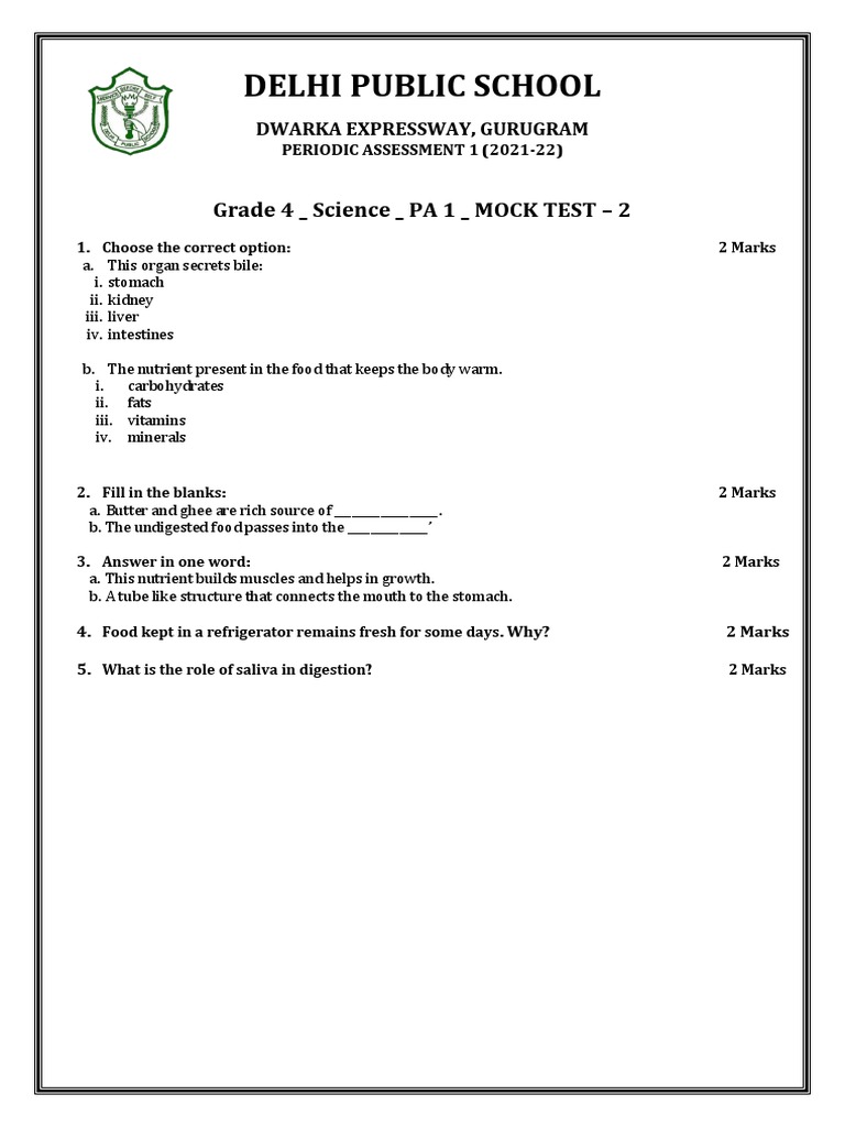 Grade 4 Science PA1 Mock Test 2 | PDF