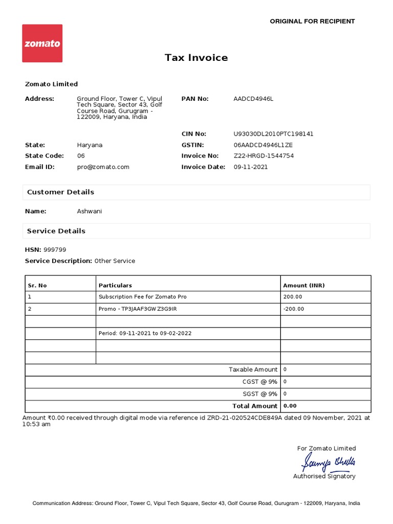 Tax Invoice: Zomato Limited Address: Pan No | PDF | Economies | Public ...