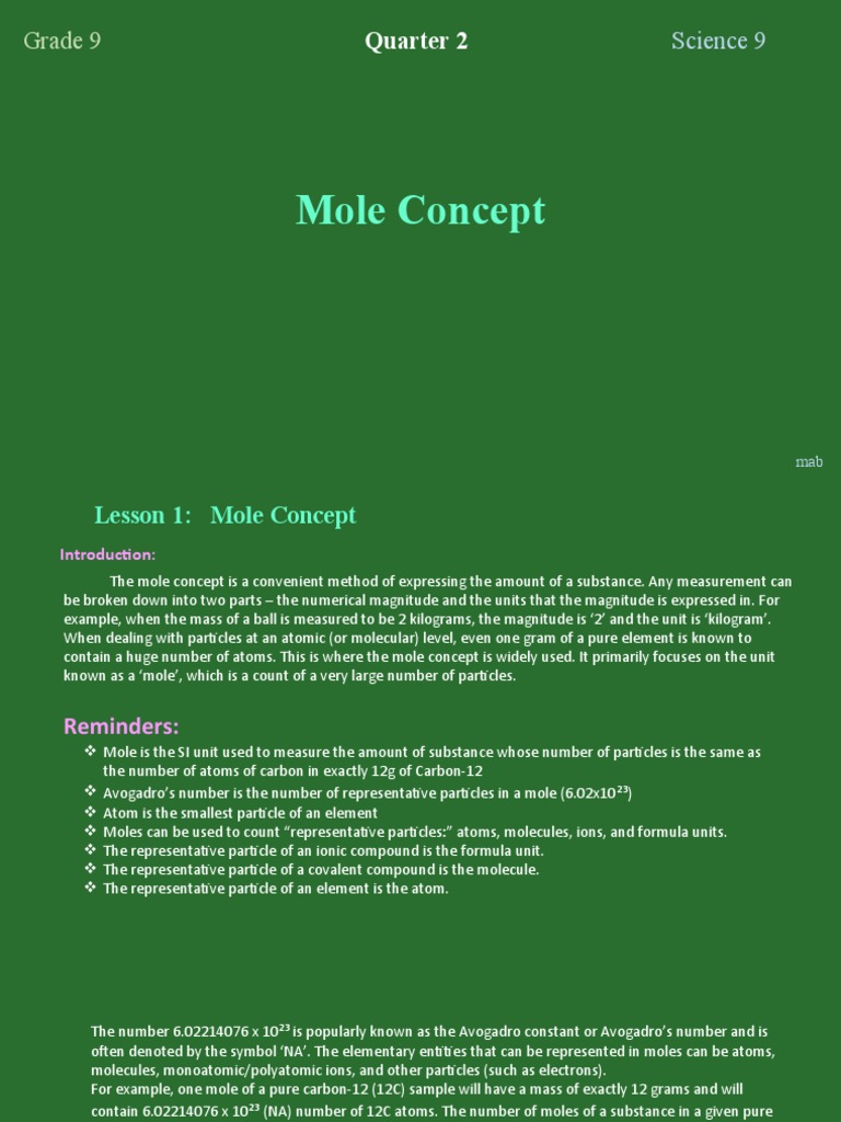 Mole Concept: Grade 9 | PDF | Mole (Unit) | Molecules