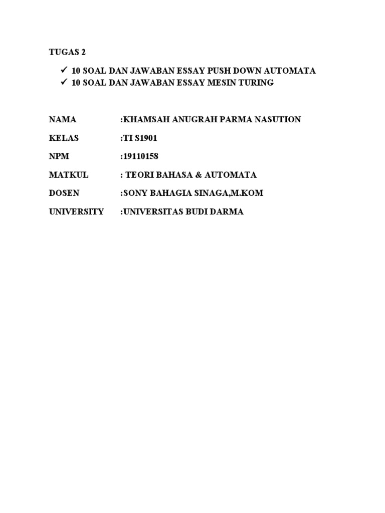 Soal Essay Automata dan Mesin Turing | PDF | Metode & Bahan Ajar