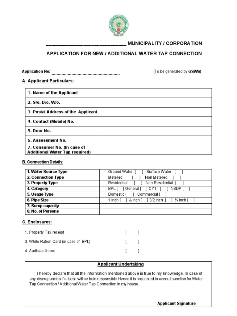 MUNICIPALITY / CORPORATION Application For New / Additional Water Tap ...