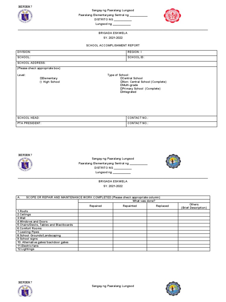 Brigada Eskwela Form 7 School Accomplishment Report | PDF | Building ...