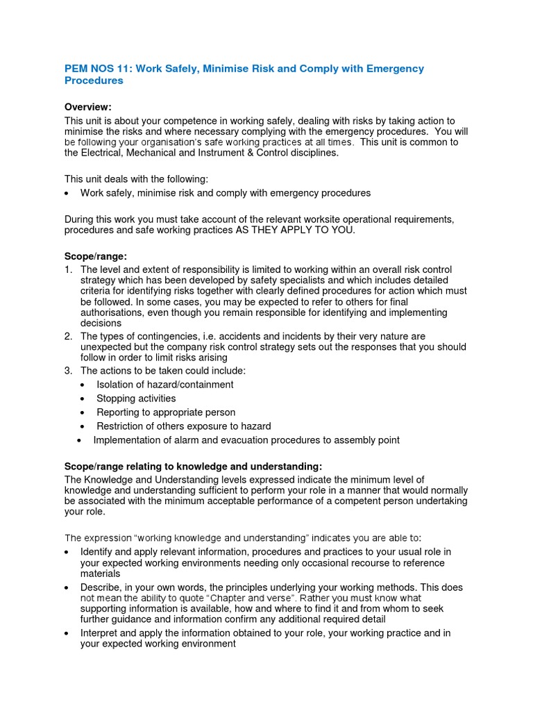 PEM NOS 11: Work Safely, Minimise Risk and Comply With Emergency ...