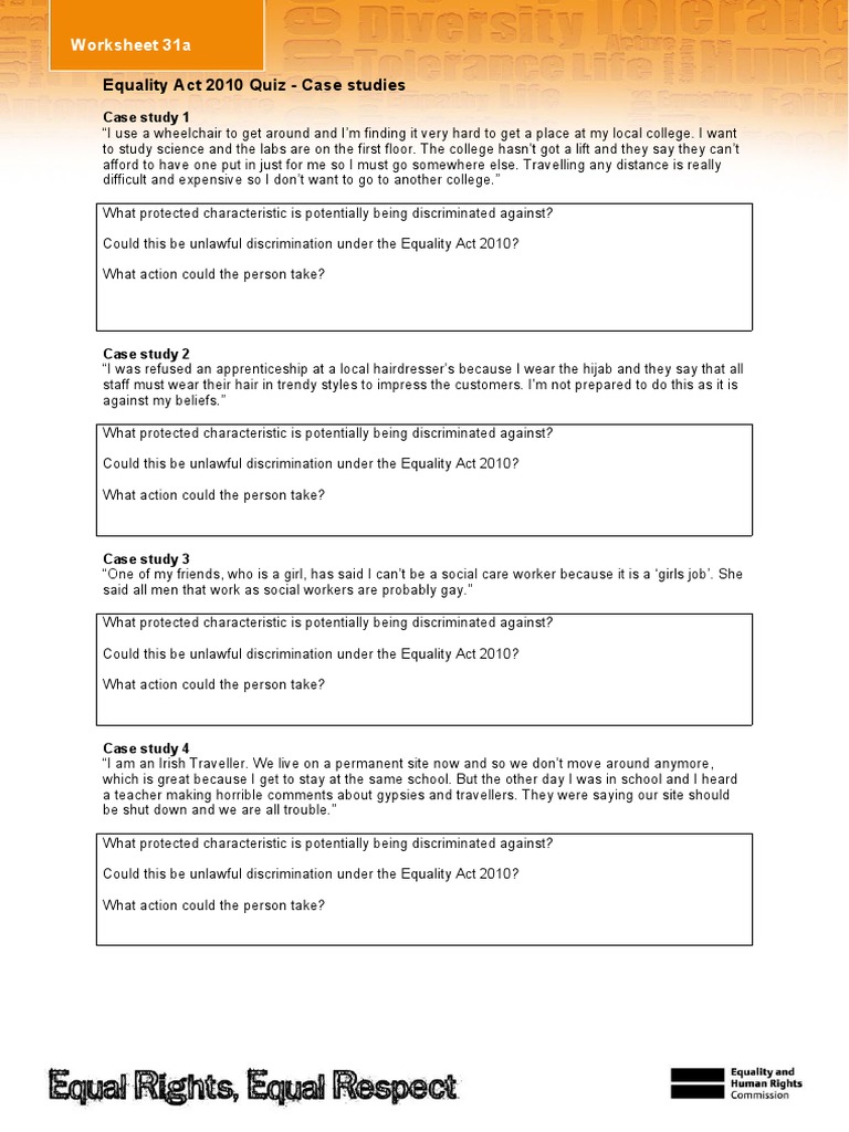 Equality Act 2010 Quiz - Case Studies: Worksheet 31a | PDF | Justice ...