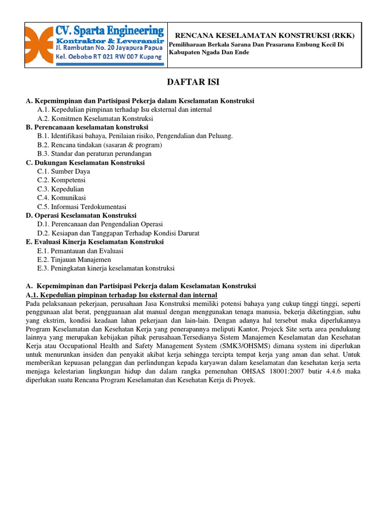 Daftar Isi: Rencana Keselamatan Konstruksi (RKK) | PDF