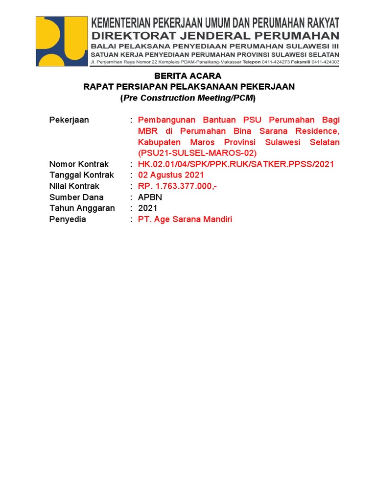 1 Berita Acara Rapat Persiapan PCM (Beton) | PDF